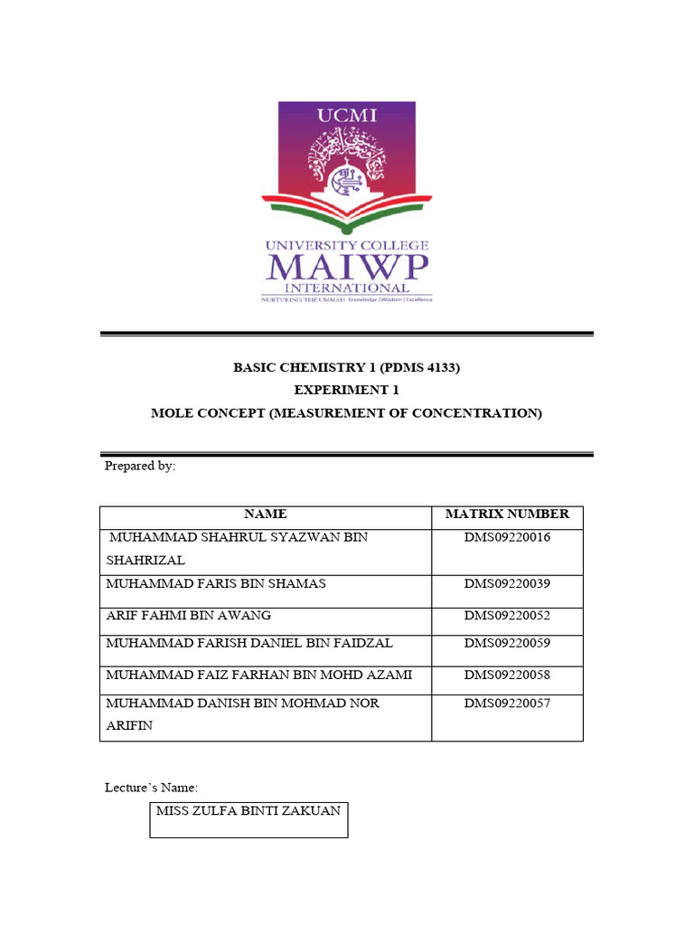 Experiment 1 - Basic Chem FARISH | PDF | Concentration | Mole (Unit)