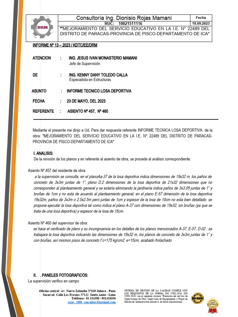 Informe Tecnico Losa Deportiva | PDF