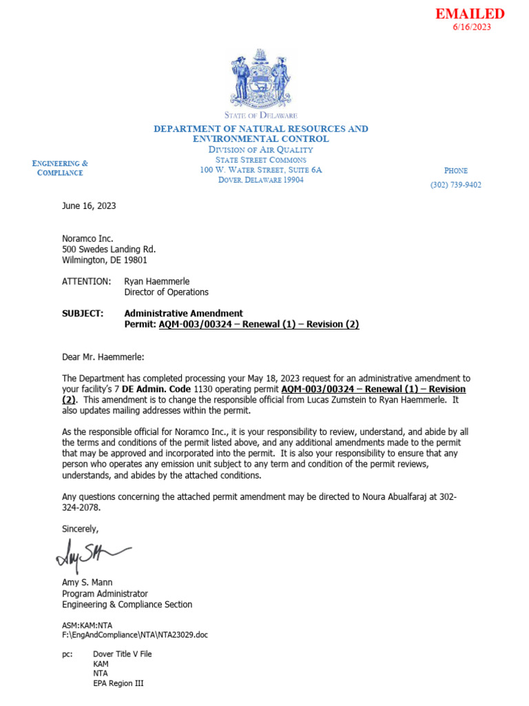 Noramco Permit Amendment in Delaware | PDF | Clean Air Act (United ...