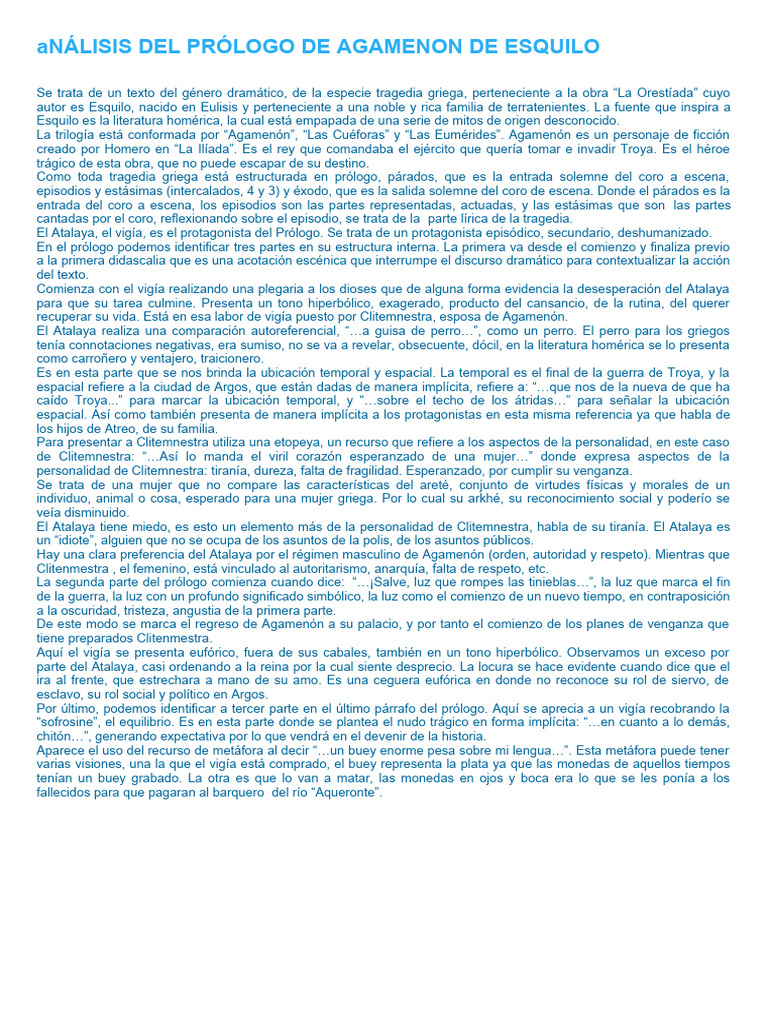 Análisis Del Prólogo de Agamenon de Esquilo | PDF | Esquilo | Tragedia griega