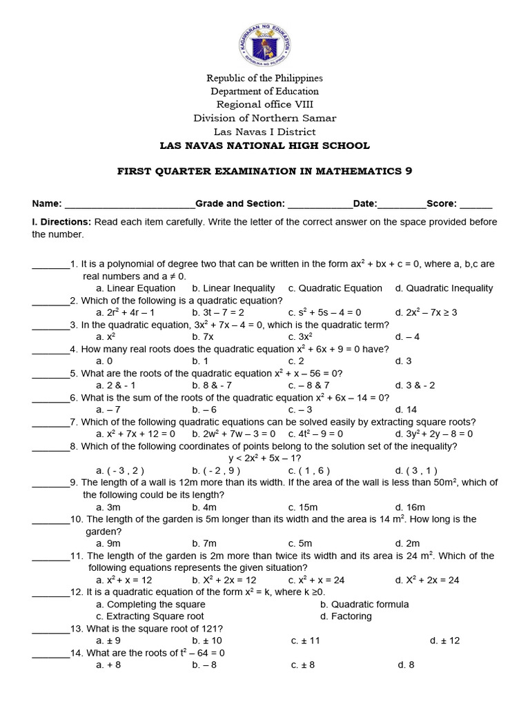 1ST Quarter Exam Math 9 2022 | PDF | Quadratic Equation | Equations