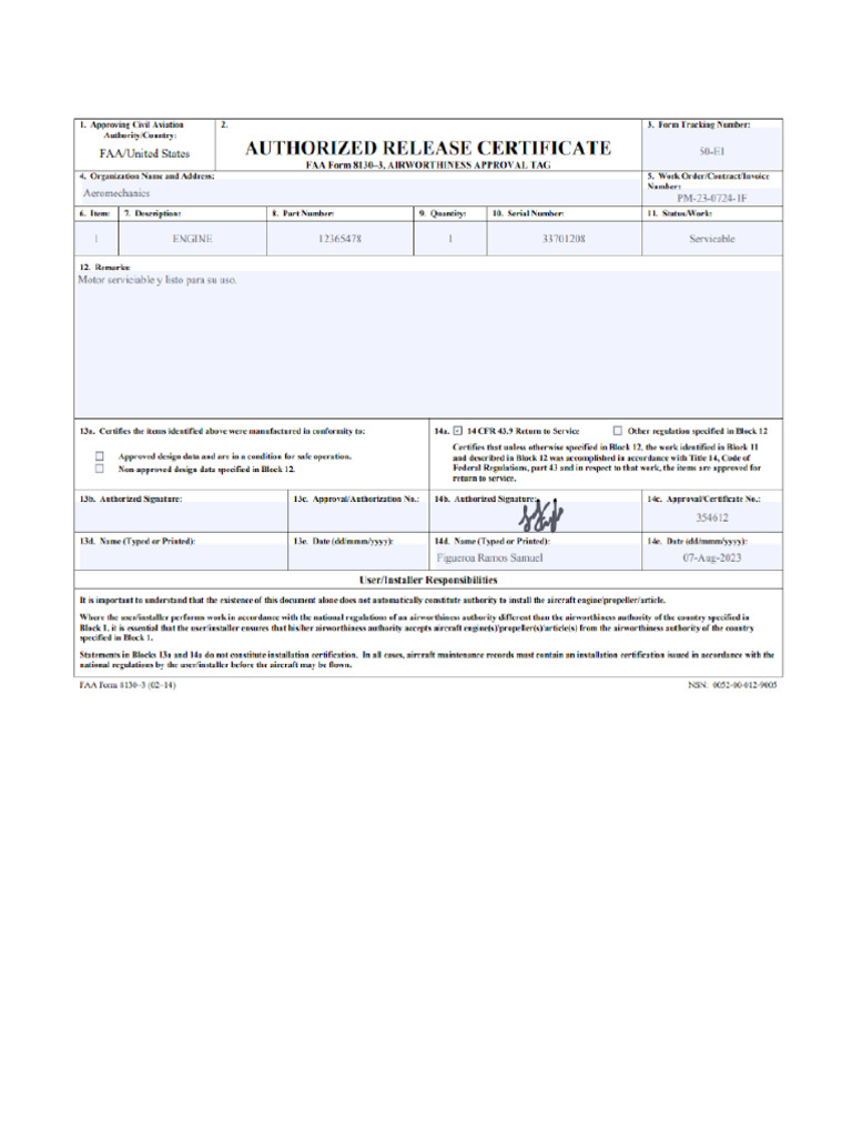 Ejemplo FAA 8130 | PDF