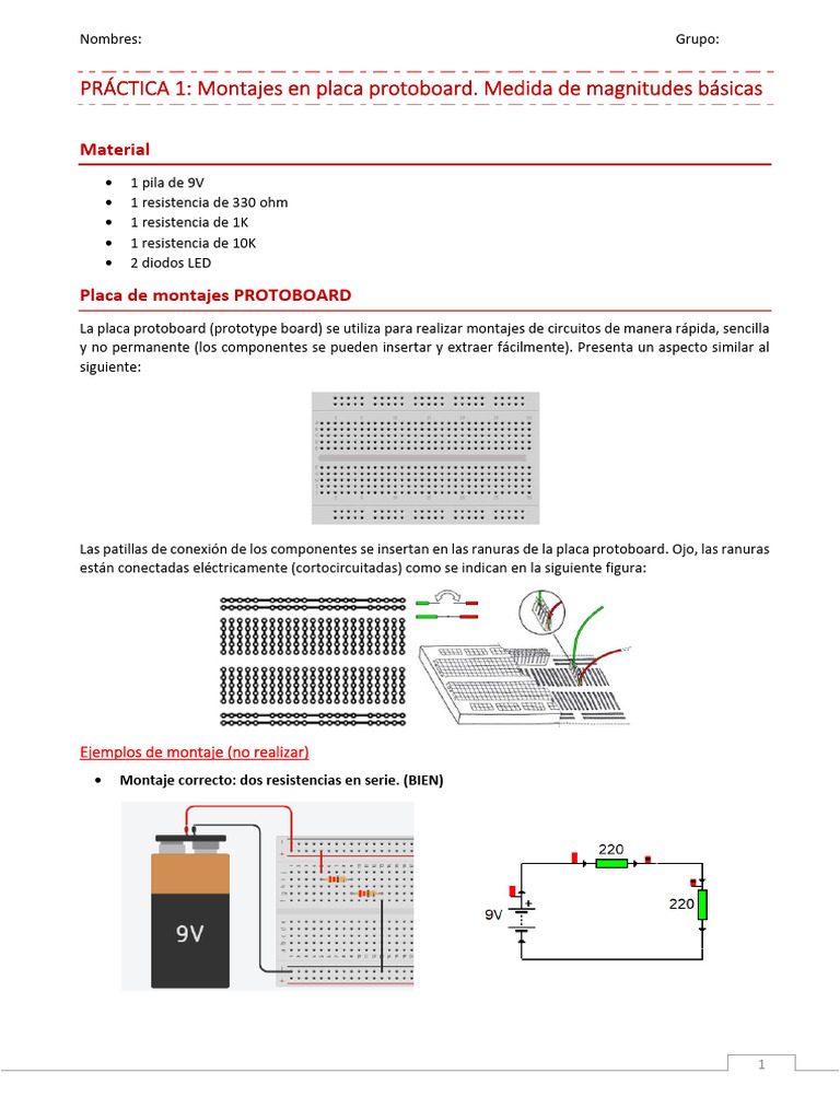 PRÁCTICA 1: Montajes en Placa Protoboard. Medida de Magnitudes Básicas | PDF | Resistencia ...