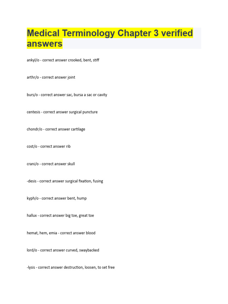 Medical Terminology Chapter 3 Verified Answers | PDF | Vertebral Column ...