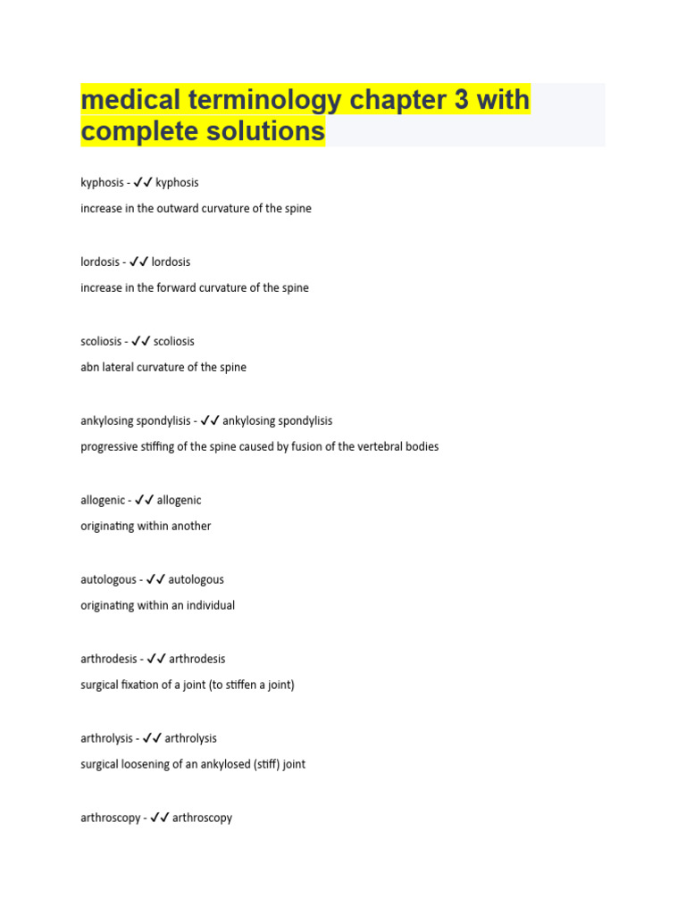 Medical Terminology Chapter 3 With Complete Solutions | PDF | Bone ...