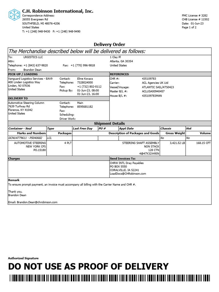 BOL LD65426 DeliveryOrder BL 435109783MAN | PDF | Cargo | Freight Transport