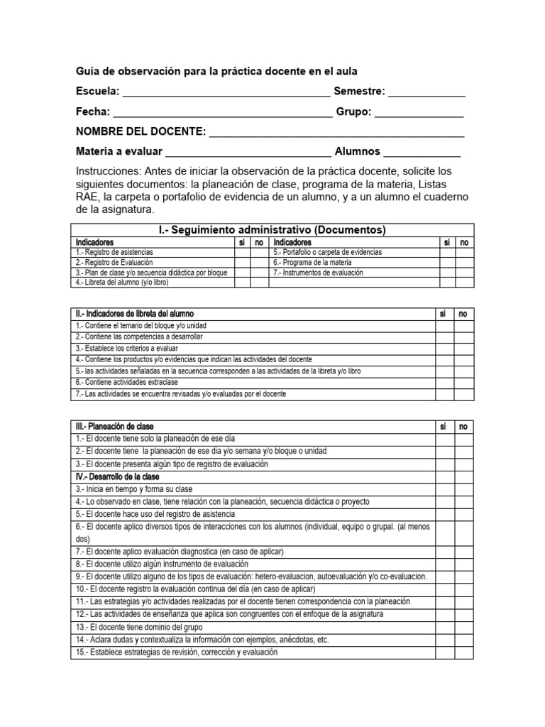 Guía de Observación para La Práctica Docente en El Aula | PDF | Evaluación | Maestros