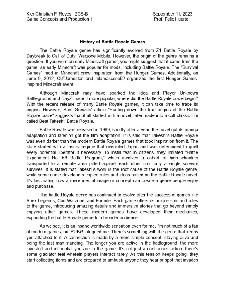 History of Battle Royale Games-Reyes Kier Christian | PDF