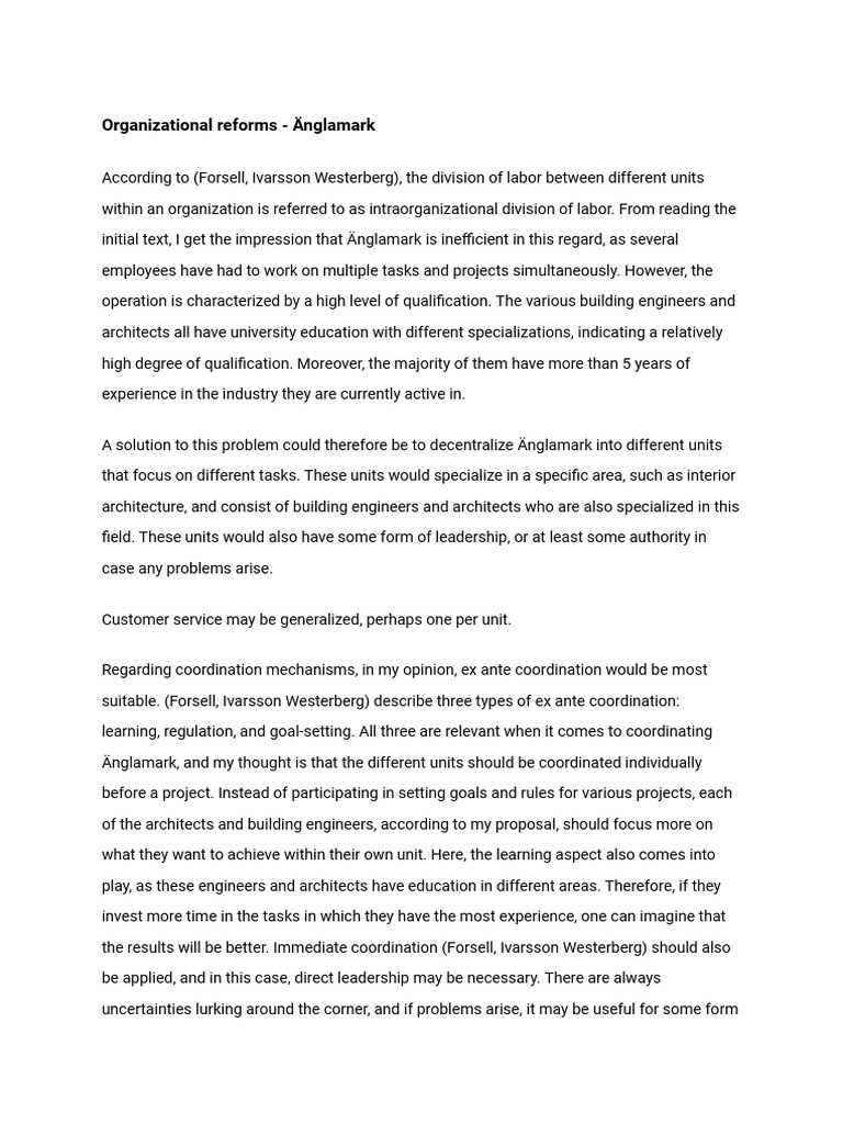 Organizational reforms for the Swedish Company Änglamark | PDF
