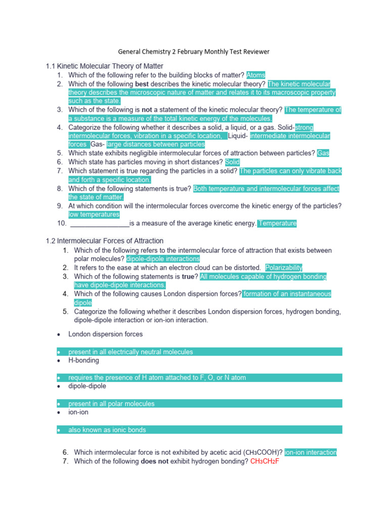 General Chemistry 2 Test Reviewer | PDF | Intermolecular Force | Molecules