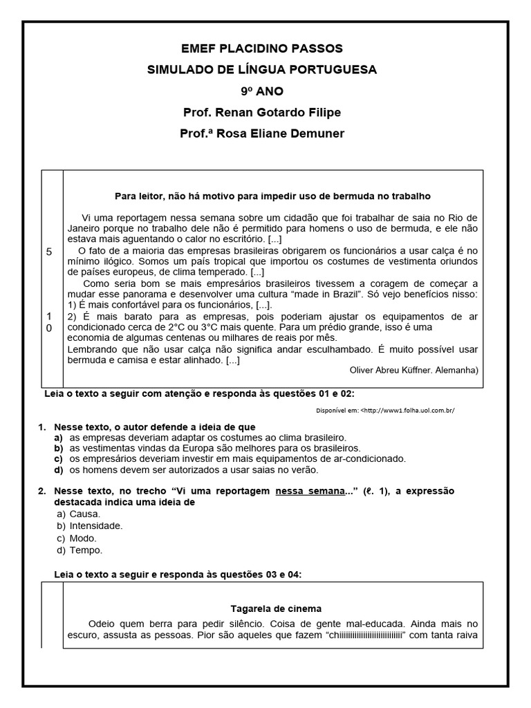 Simulado - Lingua Portuguesa 9º Ano | PDF