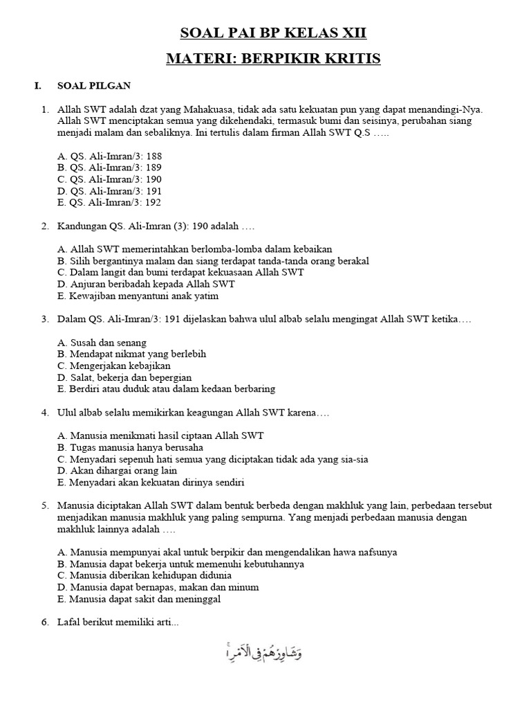 Soal Pai BP Kelas Xii Berpikir Kritis | PDF