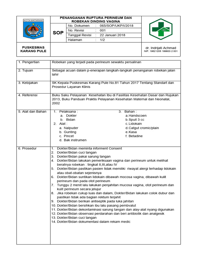 Sop Penanganan Ruptura Perineum Dan Robekan Dinding Vagina | PDF