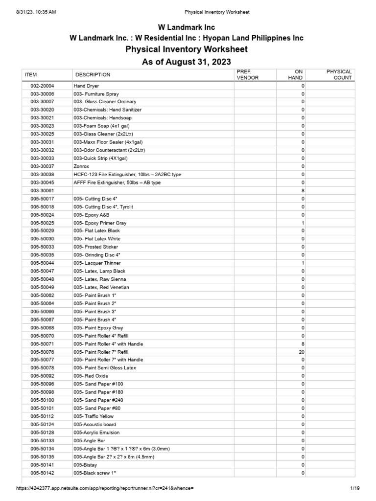 Physical Inventory Worksheet - NetSuite (W Landmark Inc) | PDF | Paint ...