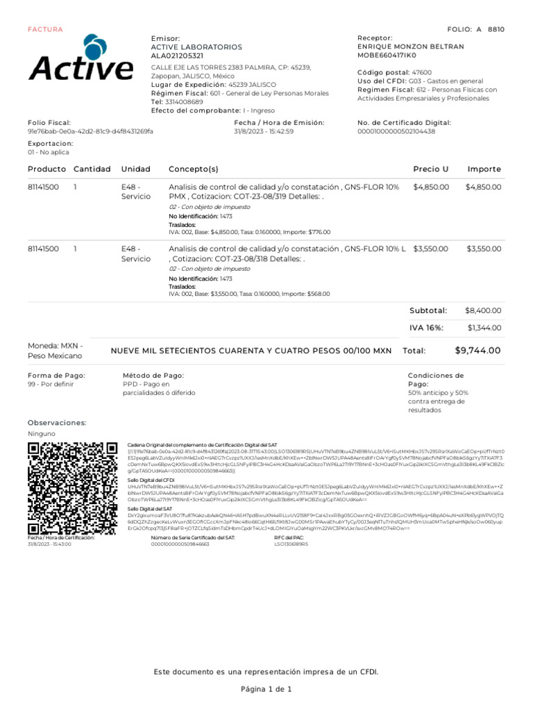 Factura Active Lab | PDF | Pagos | Impuestos
