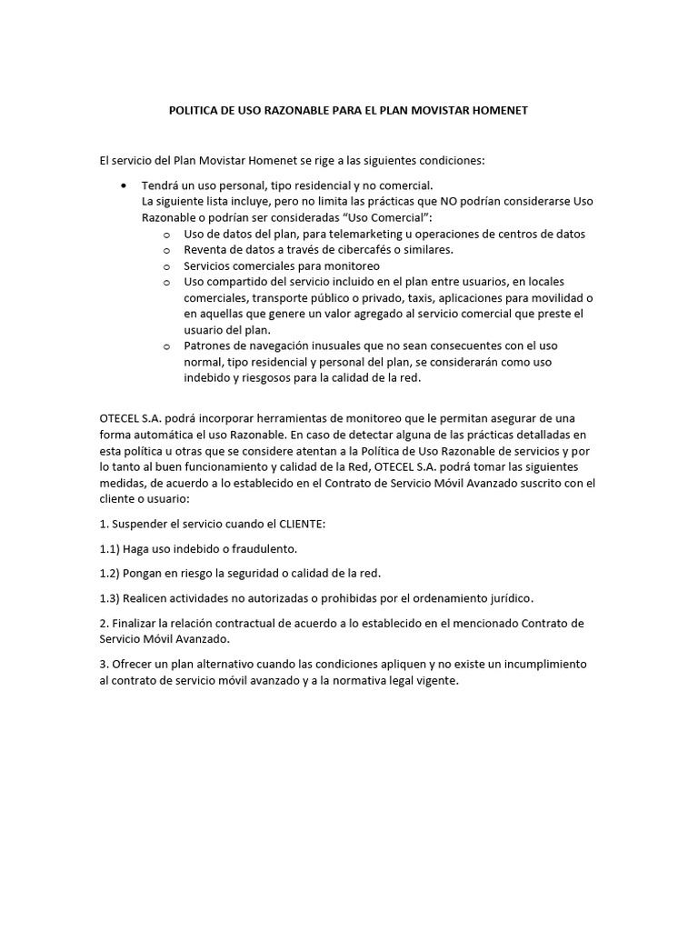 Política de Uso Razonable Movistar | PDF