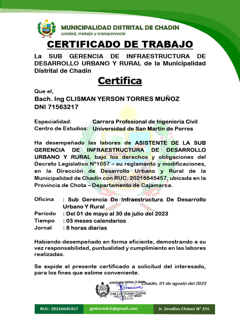 Certificado Asistente Chadin | PDF