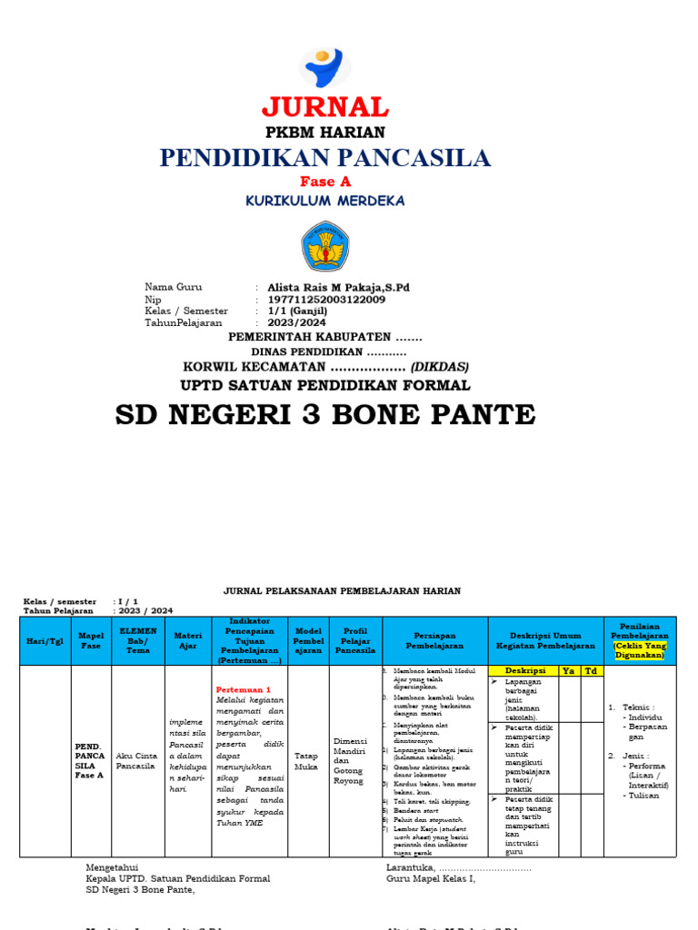 Jurnal Harian Kurikulum Merdeka Kelas 1 Bab I Pend. Pancasila | PDF