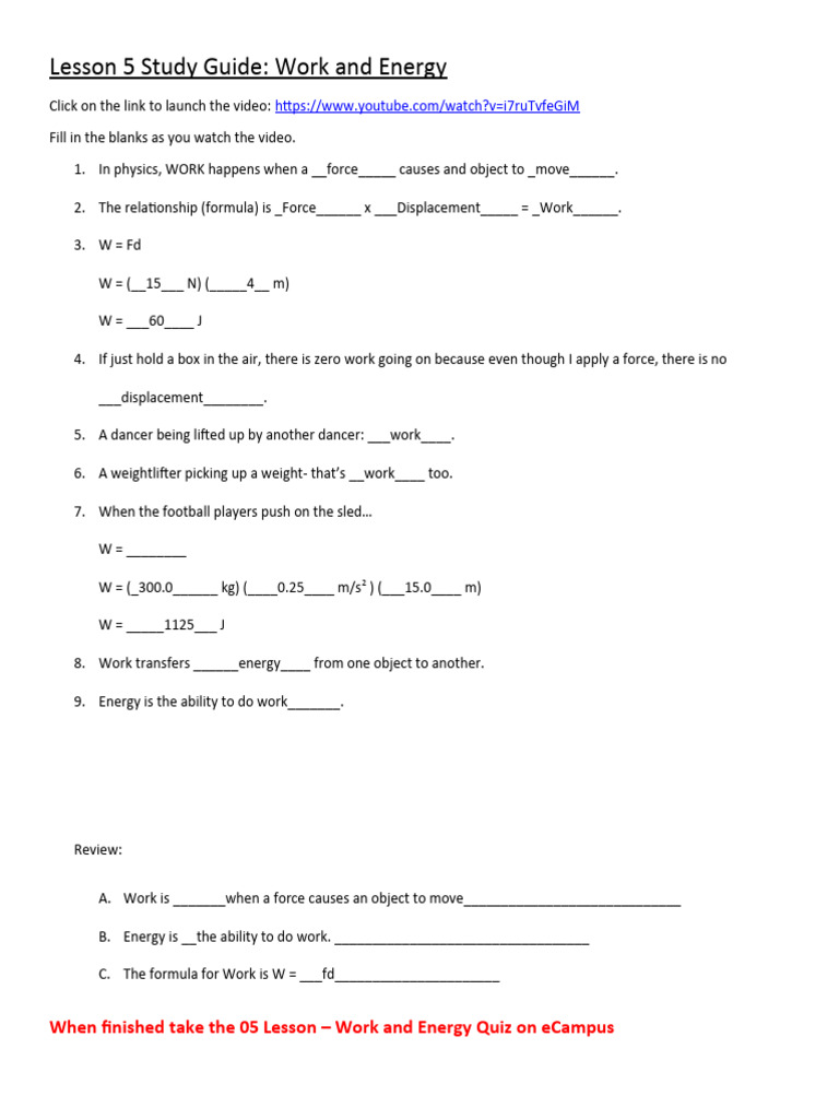 Lesson 5 Study Guide - Work and Energy | PDF