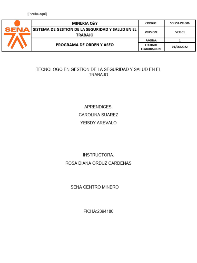 Sg-sst-pg-006 Programa de Orden y Aseo | PDF | Higiene | Business