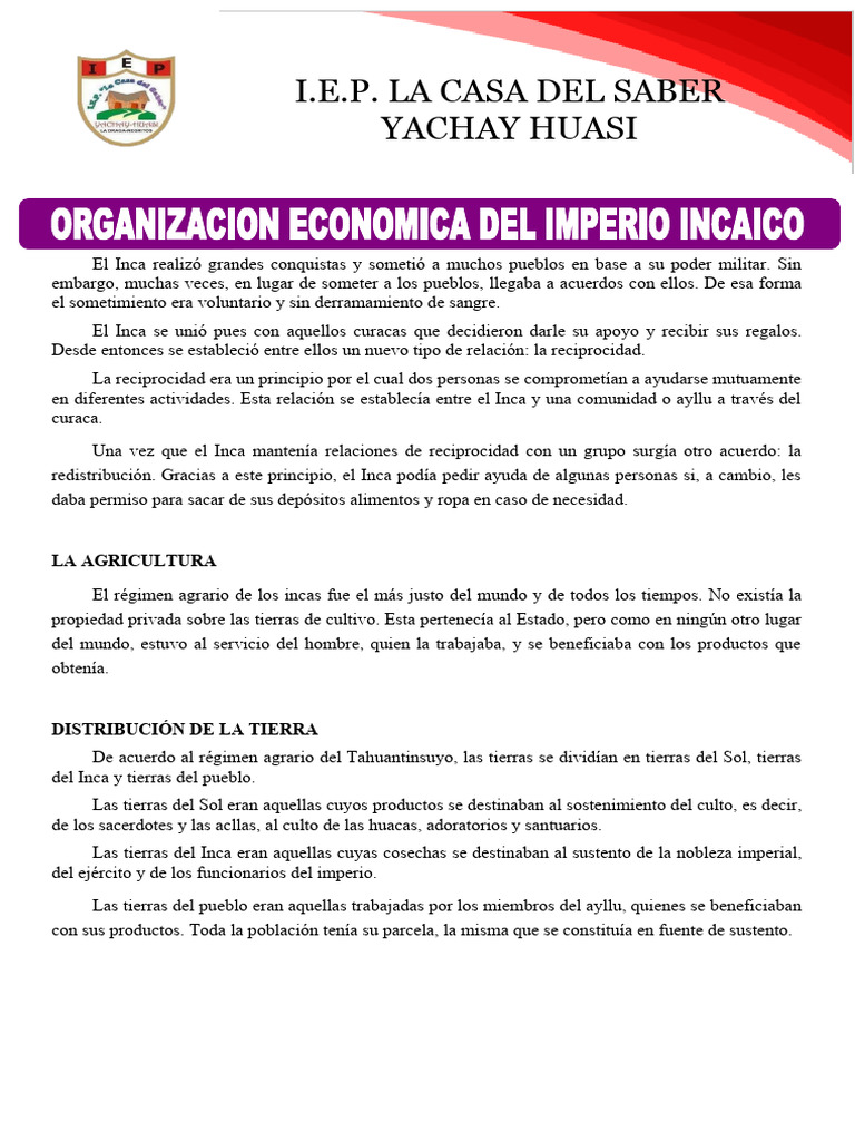 Organizacion Economica Del Imperio Incaico para Cuarto de Primaria | Descargar gratis PDF ...