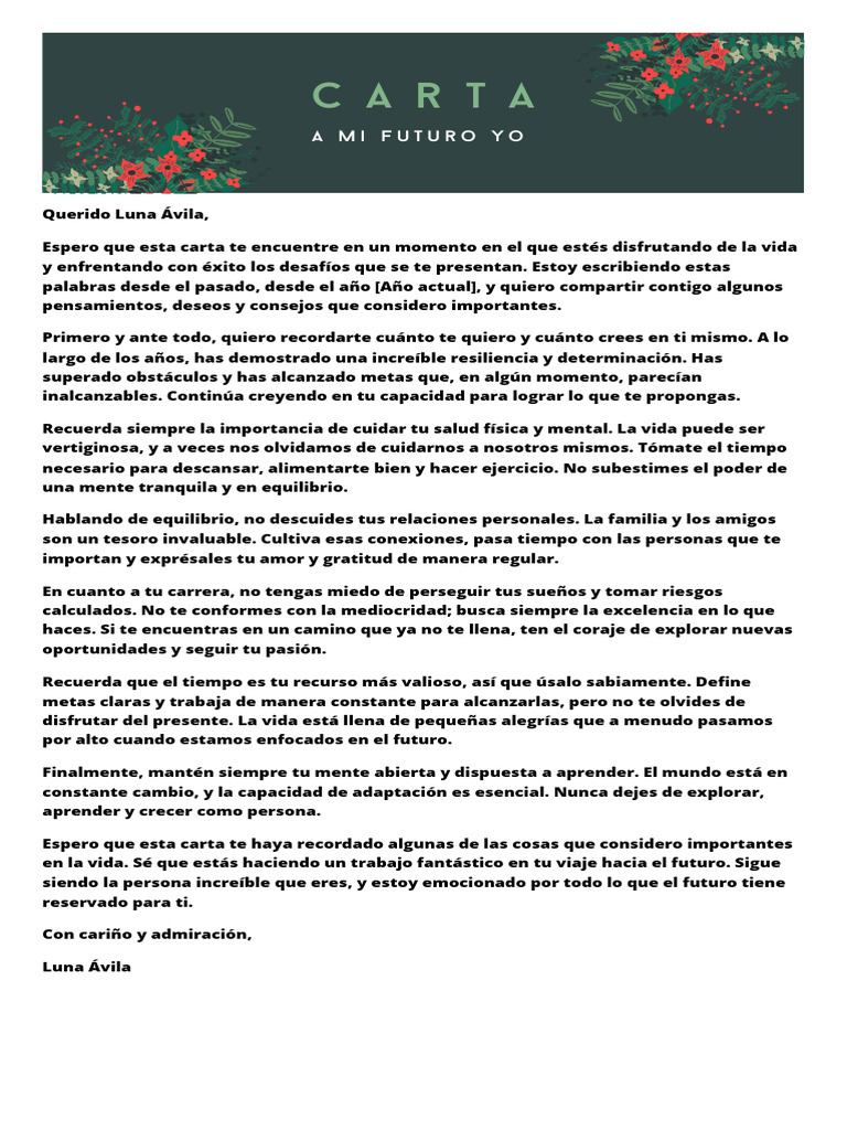 Carta a mi futuro yo | PDF | Crecimiento personal y profesional ...
