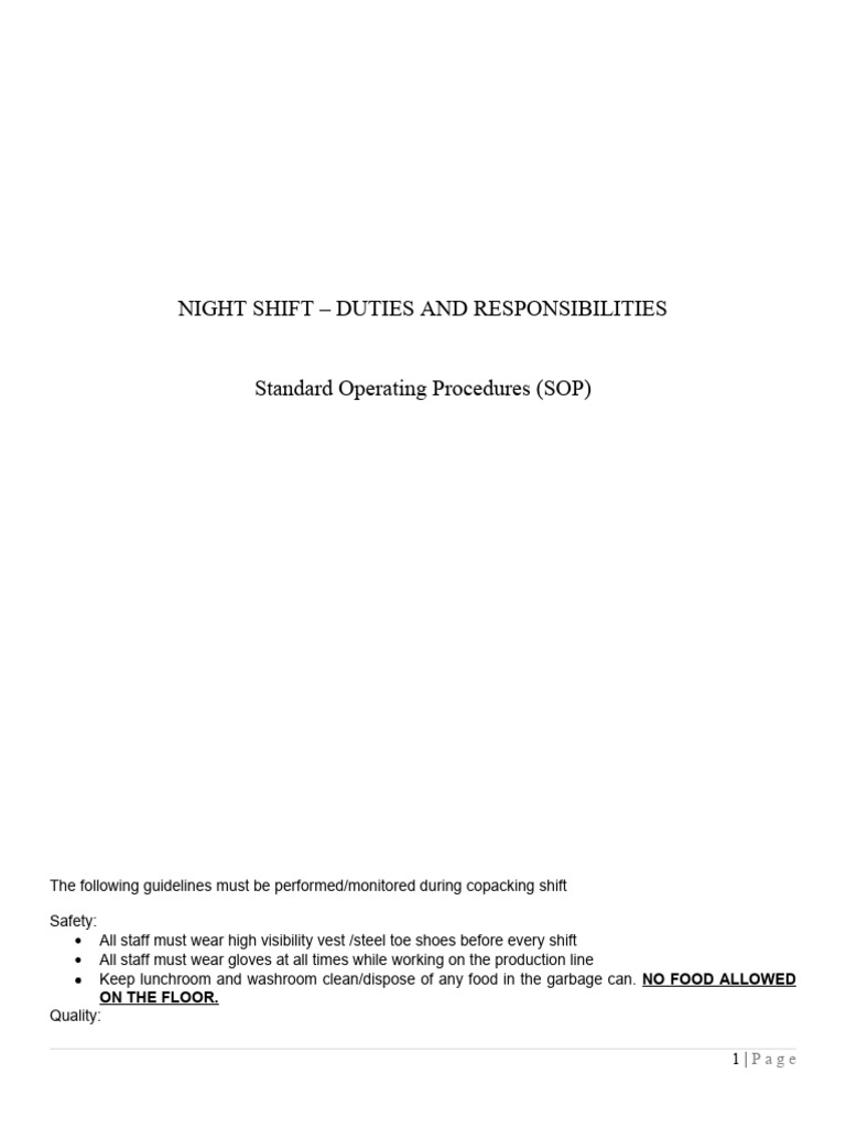 18W - Night Shift - Duties and Responsibilities | PDF