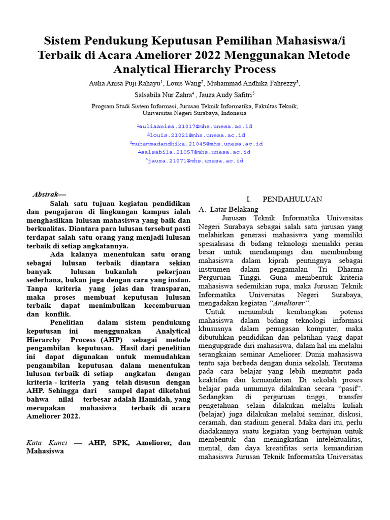 SPK Mahasiswa Terbaik AHP 2022 | PDF