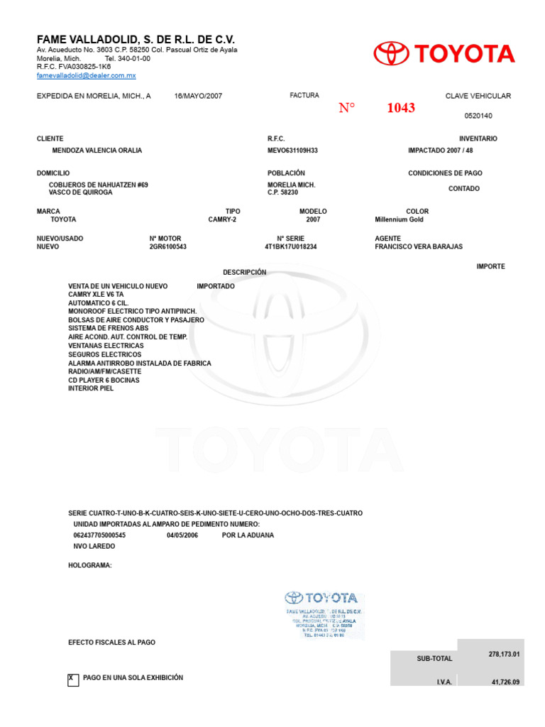 Factura Toyota | Descargar gratis PDF | Vehículo de motor | Vehículos ...