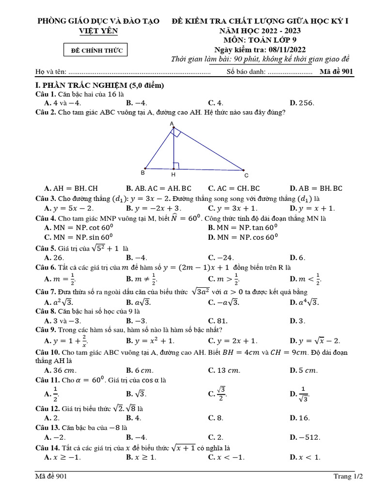 De Giua Hoc Ky 1 Toan 9 Nam 2022 2023 Phong GDDT Viet Yen Bac Giang | PDF