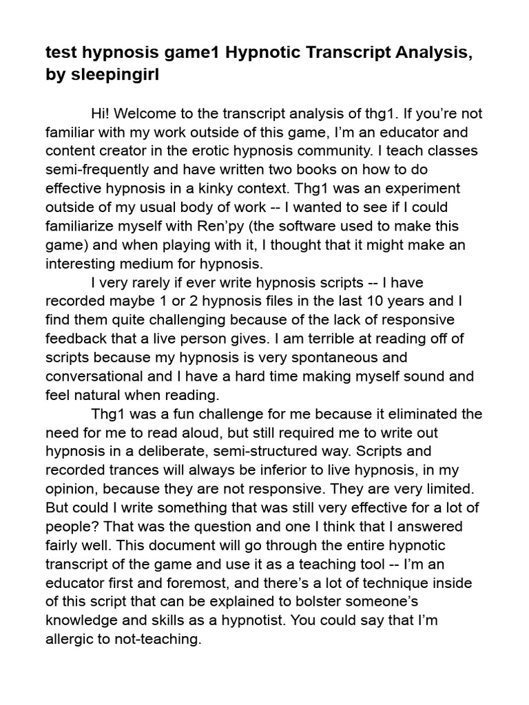 SPOILERS! Test Hypnosis Game1 Hypnotic Transcript Analysis A5 (For ...