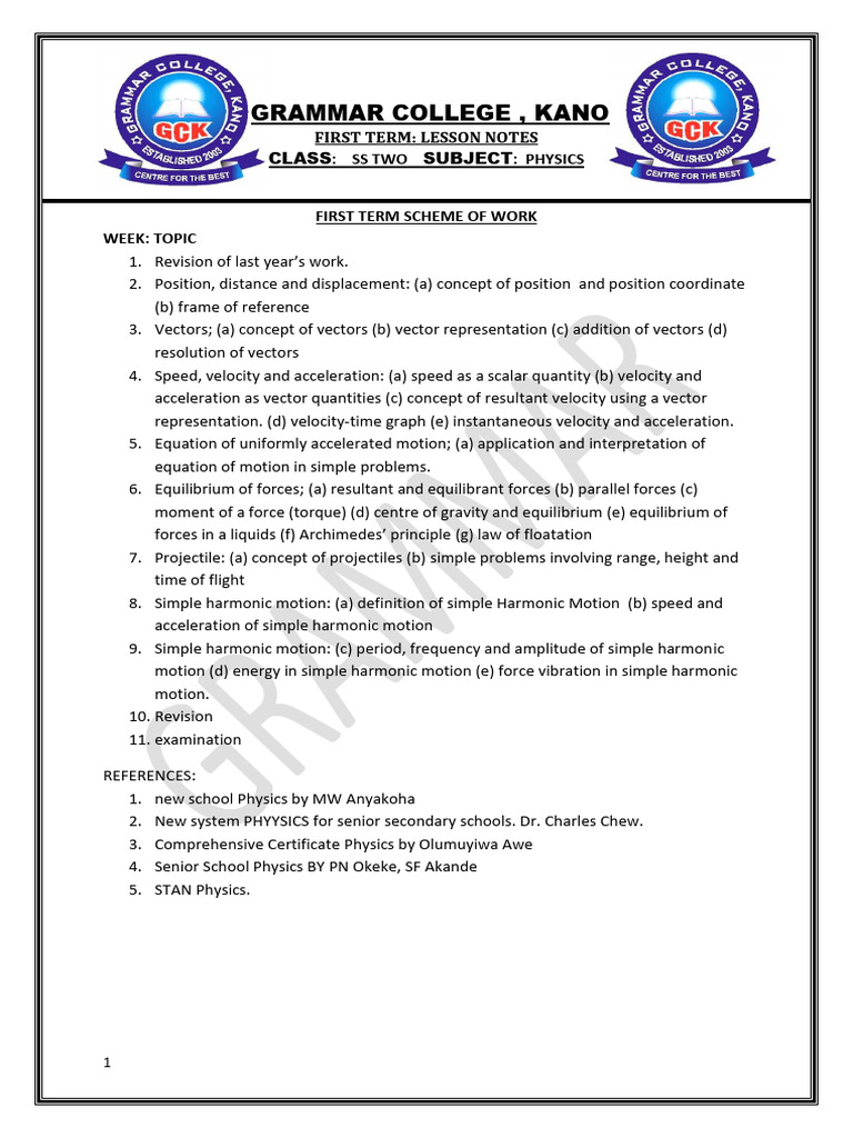 Ss 2 Physics Lesson Note Term 1 | PDF | Velocity | Cartesian Coordinate ...