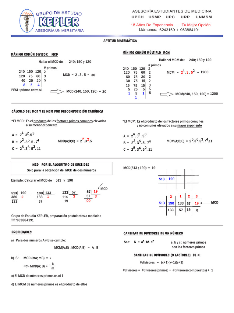 Lunes 14 Agosto 2023 Turno Tarde Matematica RM Repaso MCD MCM Aptitud | PDF | Teoría de los ...