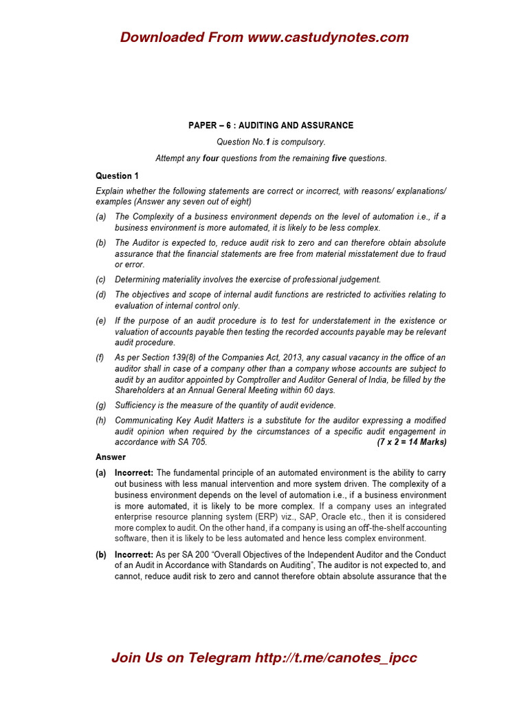 AuditNew Suggested Ans CA Inter Jan 21 | PDF | Audit | Financial Audit