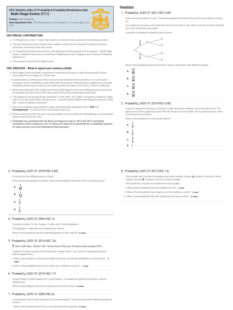 Multi Step Experiments HSC Questions | PDF | Probability Distribution | Mathematics