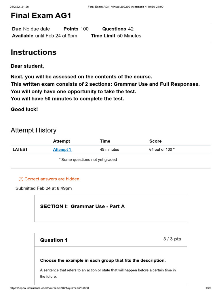 AG1 - Final Exam AG1 - Virtual 202202 Avanzado 4 19-30-21!00!1 | PDF | Phrase
