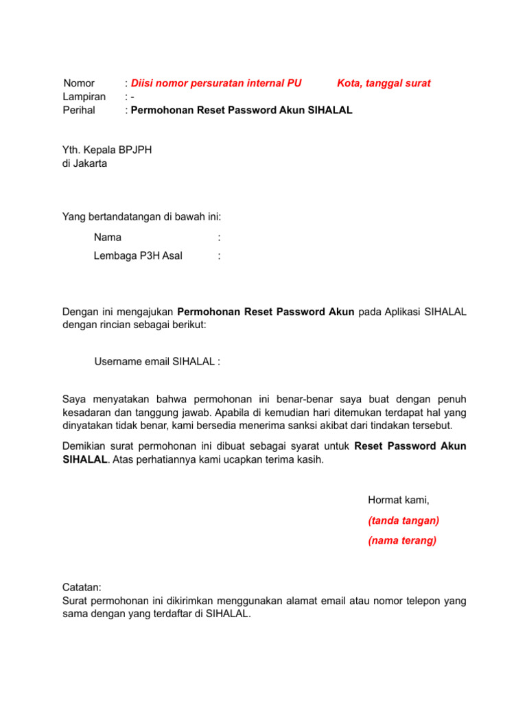 Permohonan Reset Password Akun SiHalal PENDAMPING PPH | PDF