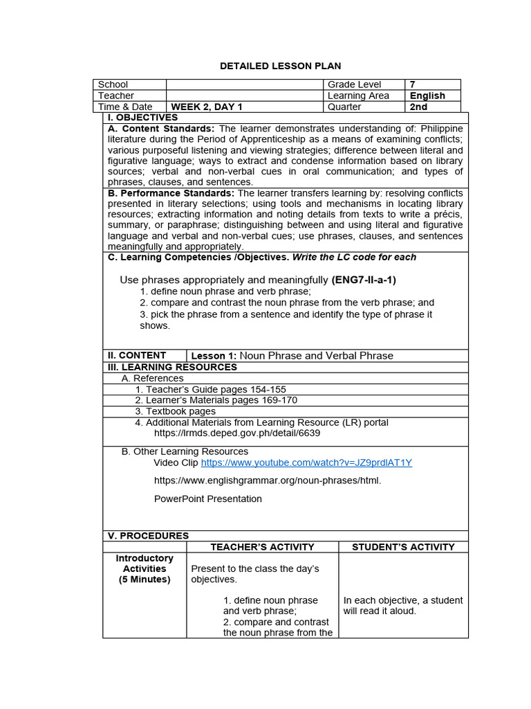 Grade 7 DLP Week 2 Day1 3 | PDF | Verb | Phrase