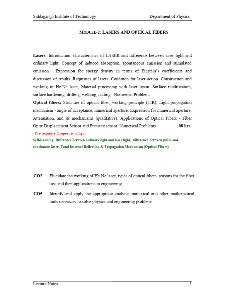 Module 2 - Lasers and Optical Fiber With Problems | PDF | Laser | Photon