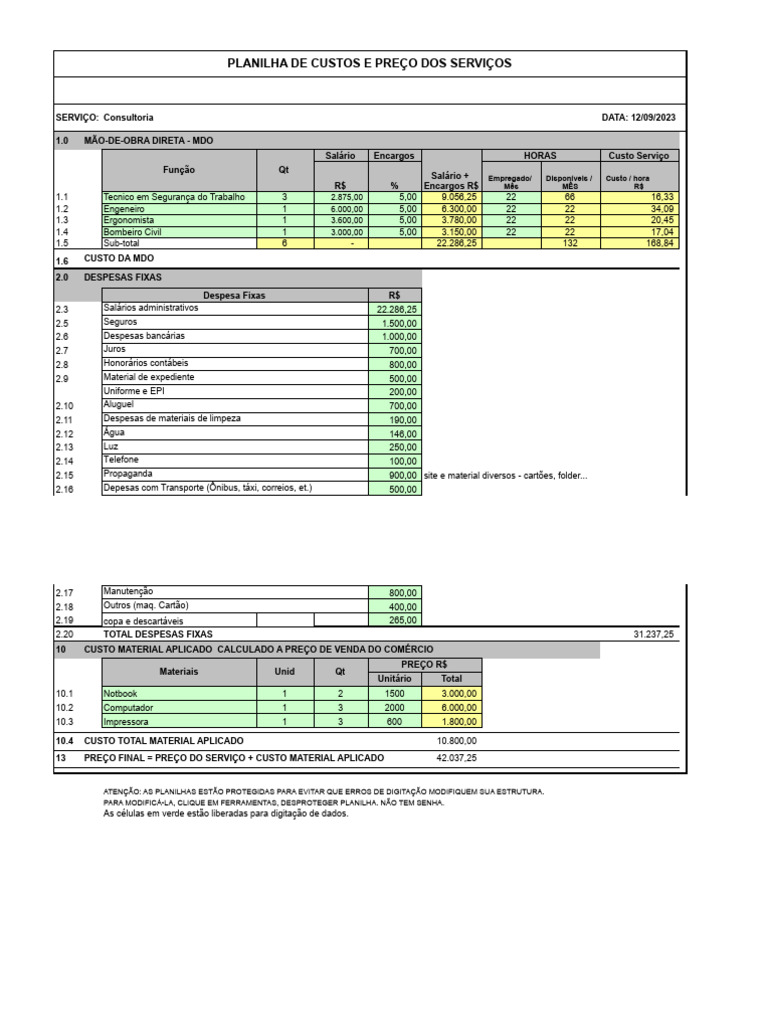 Modelo Planilha de Custos (1) - Preço Serv | PDF