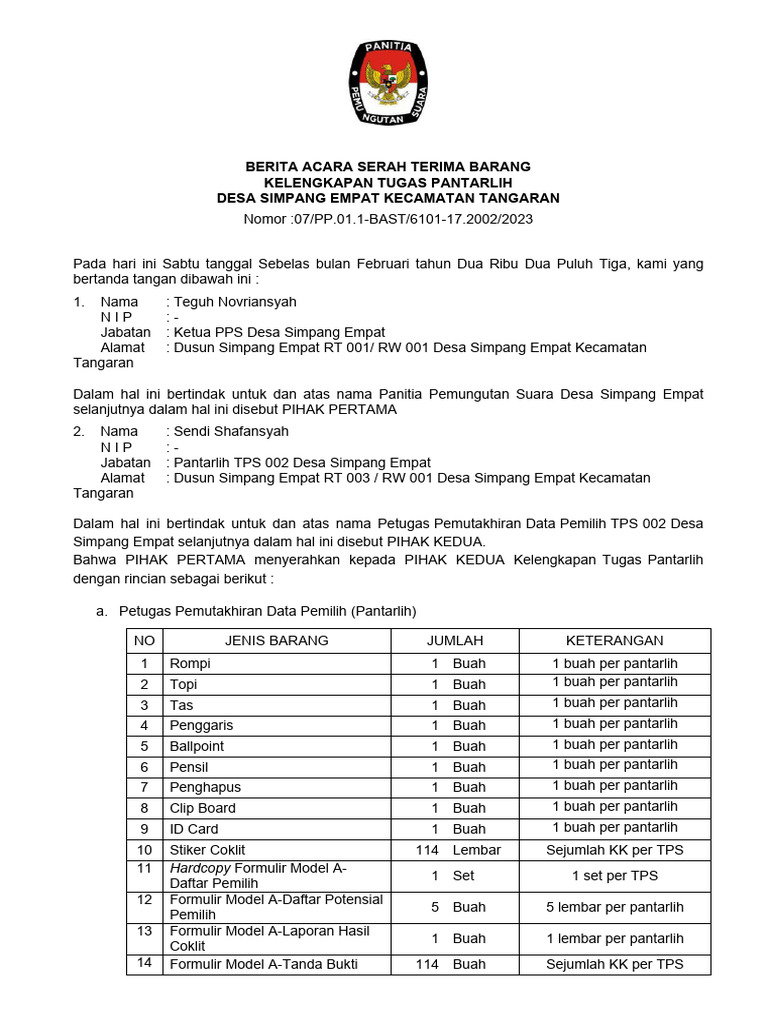 Berita Acara Serah Terima Barang TPS 2 | PDF