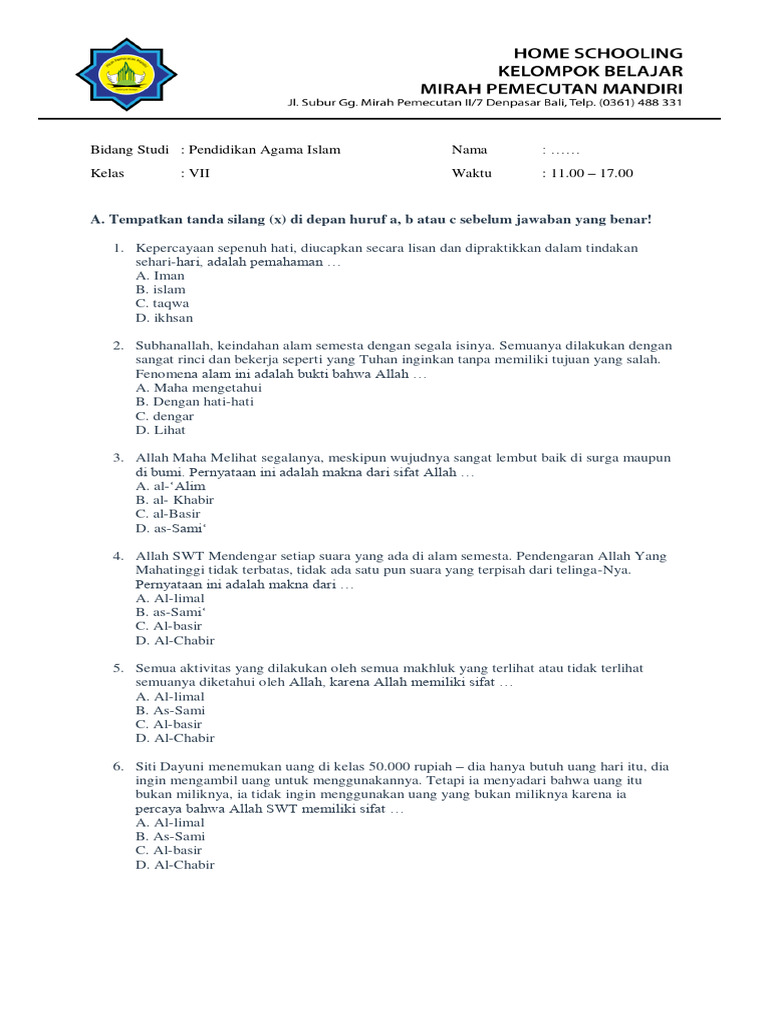 Soal PTS Pai Kelas Vii | PDF