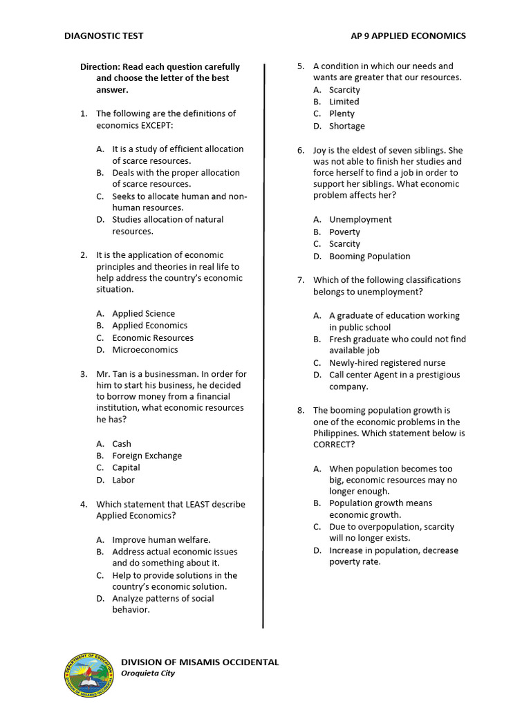 Applied Economics Diagnostic Test | PDF | Monopoly | Demand