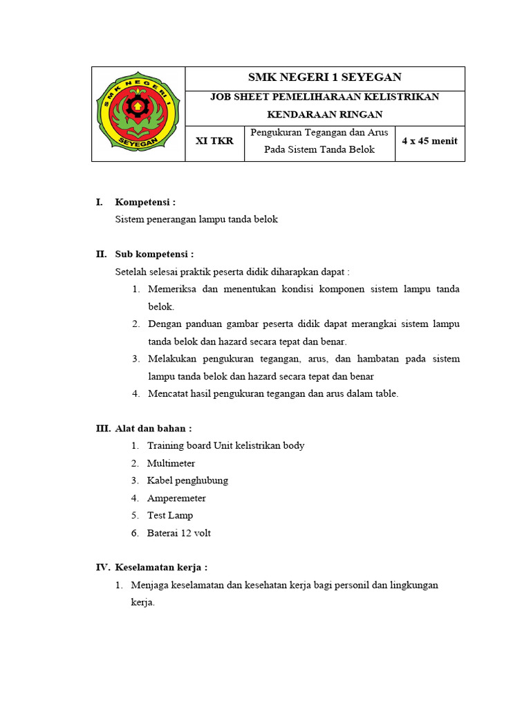 Job Sheet Lampu Tanda Belok | PDF | Teknologi & Rekayasa