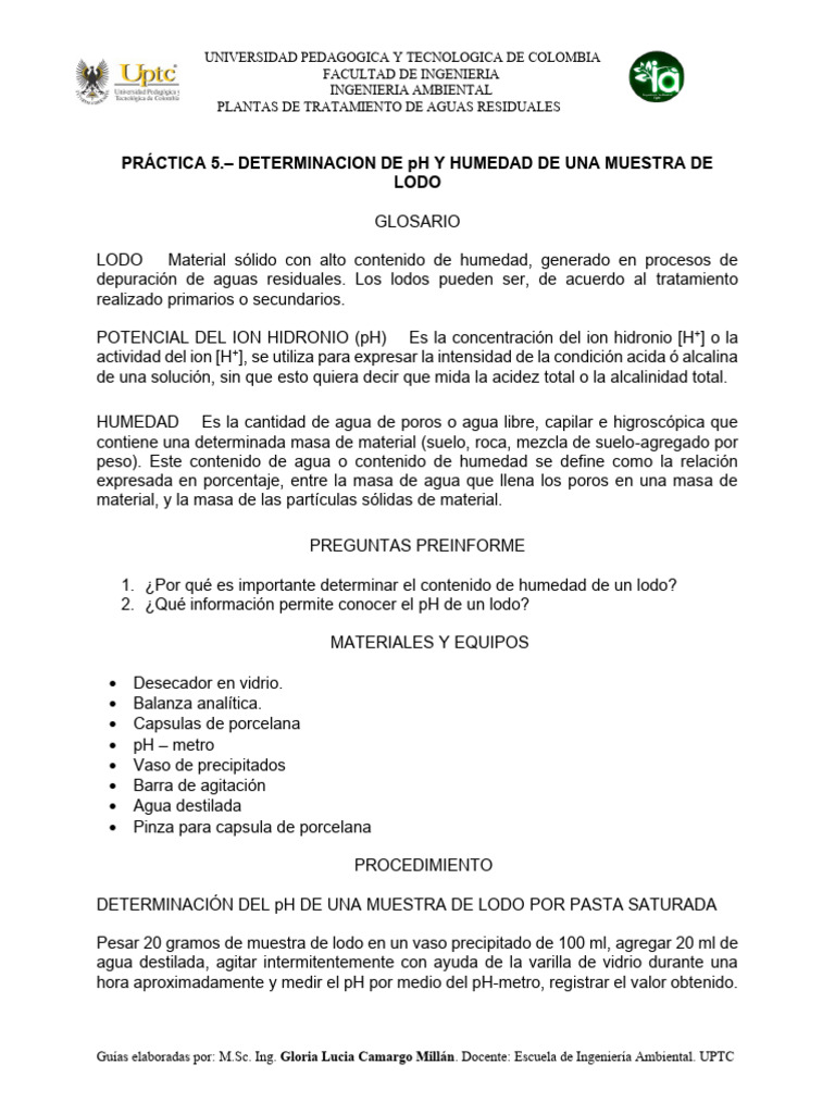 Guia Lab 5 Lodos PTAR IAMB | PDF | Ph | Materiales