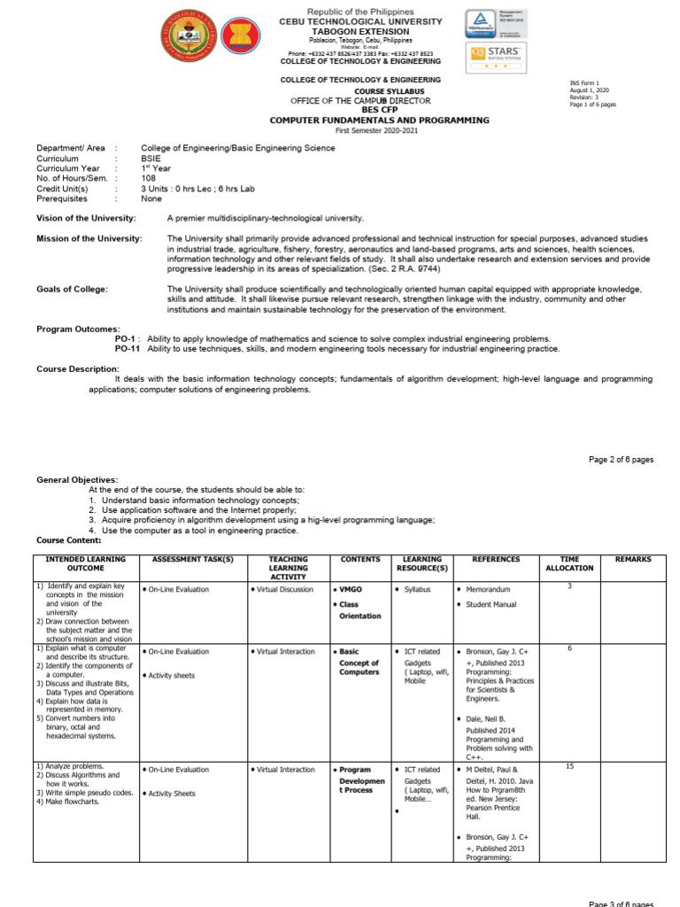 BSIE 1styr 1stsem BES CFP Comp Fund Programming-1 | PDF | Computer Programming | C++