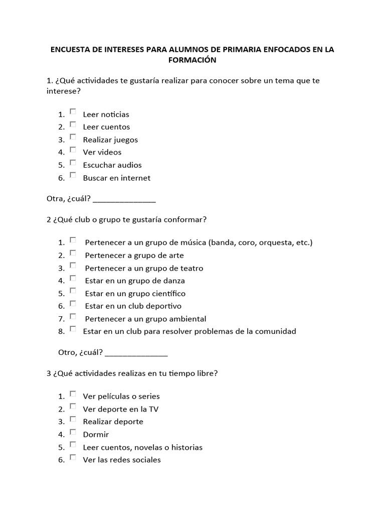 Encuesta de Intereses para Alumnos de Primaria | PDF
