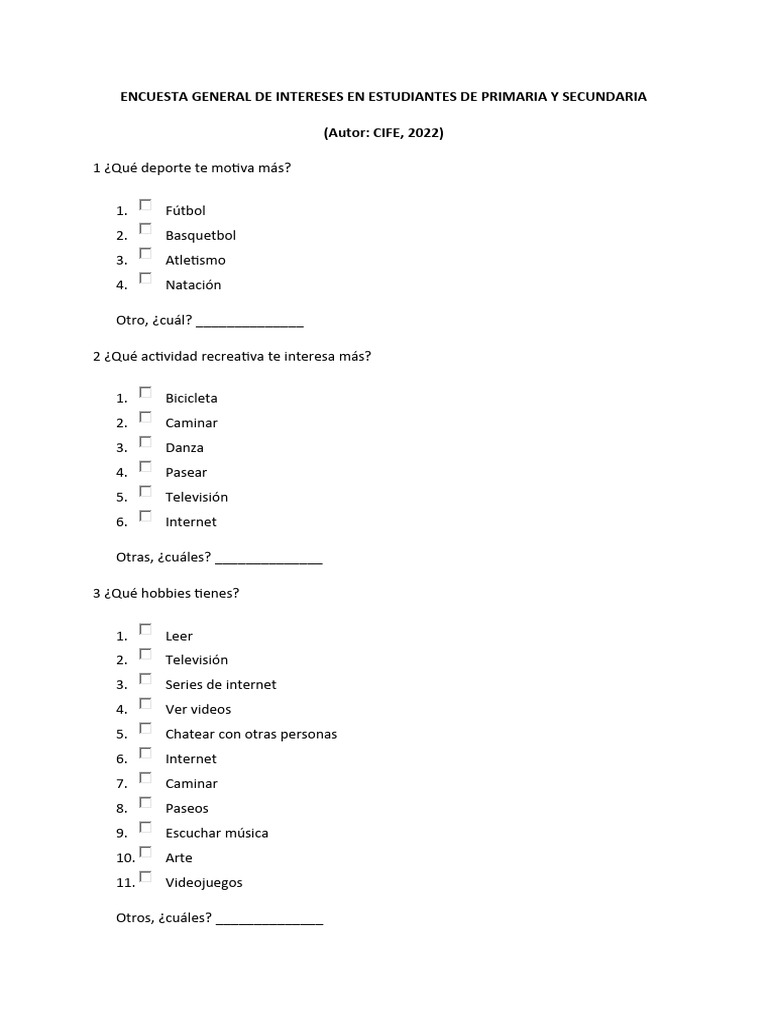 Encuesta General de Intereses Primaria y Secundaria | PDF | Juegos y ...