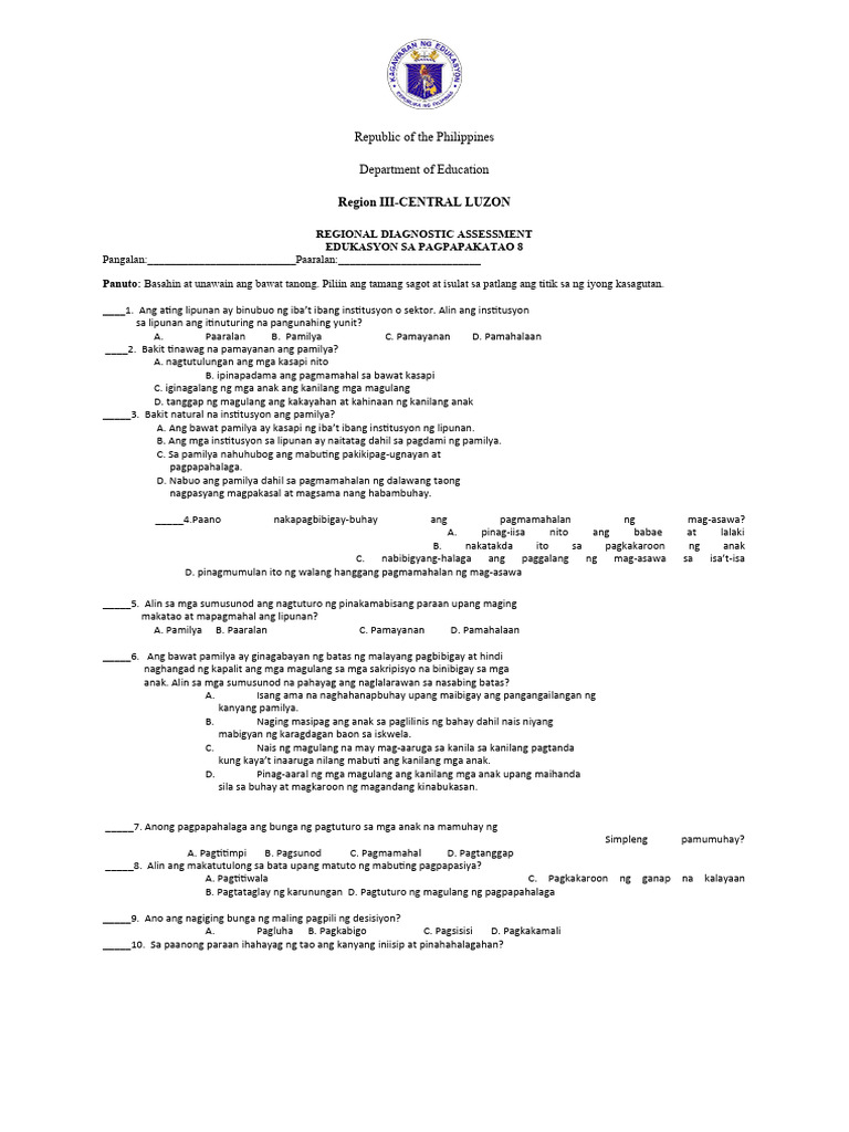 Diagnostic Assessment EsP Grade 8 | PDF