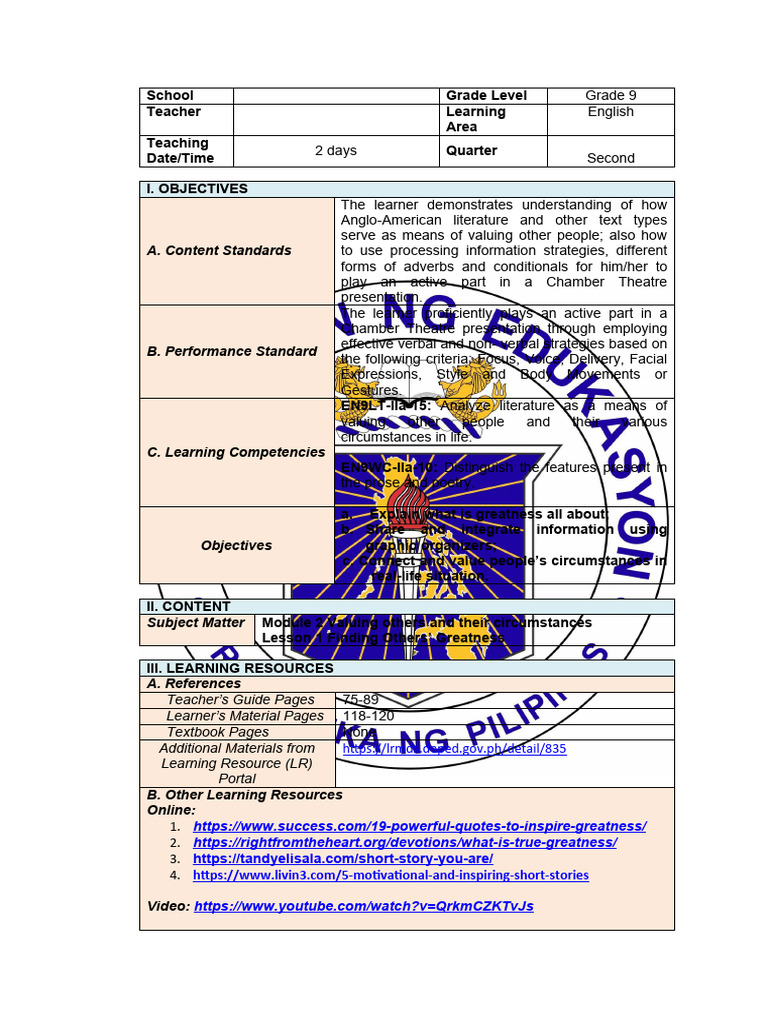 Grade 9 DLP Week 1 Day1 2 | PDF | Learning | Teachers